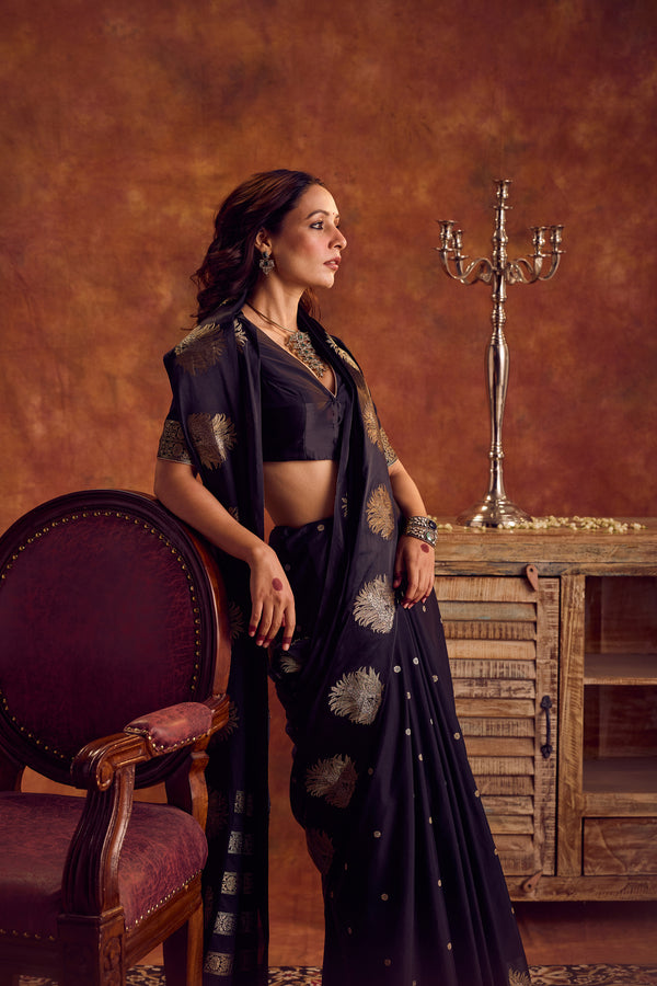 Black Viscose Saree with Gold Motifs, Satin Border & Weaved Tiger Jacq ...