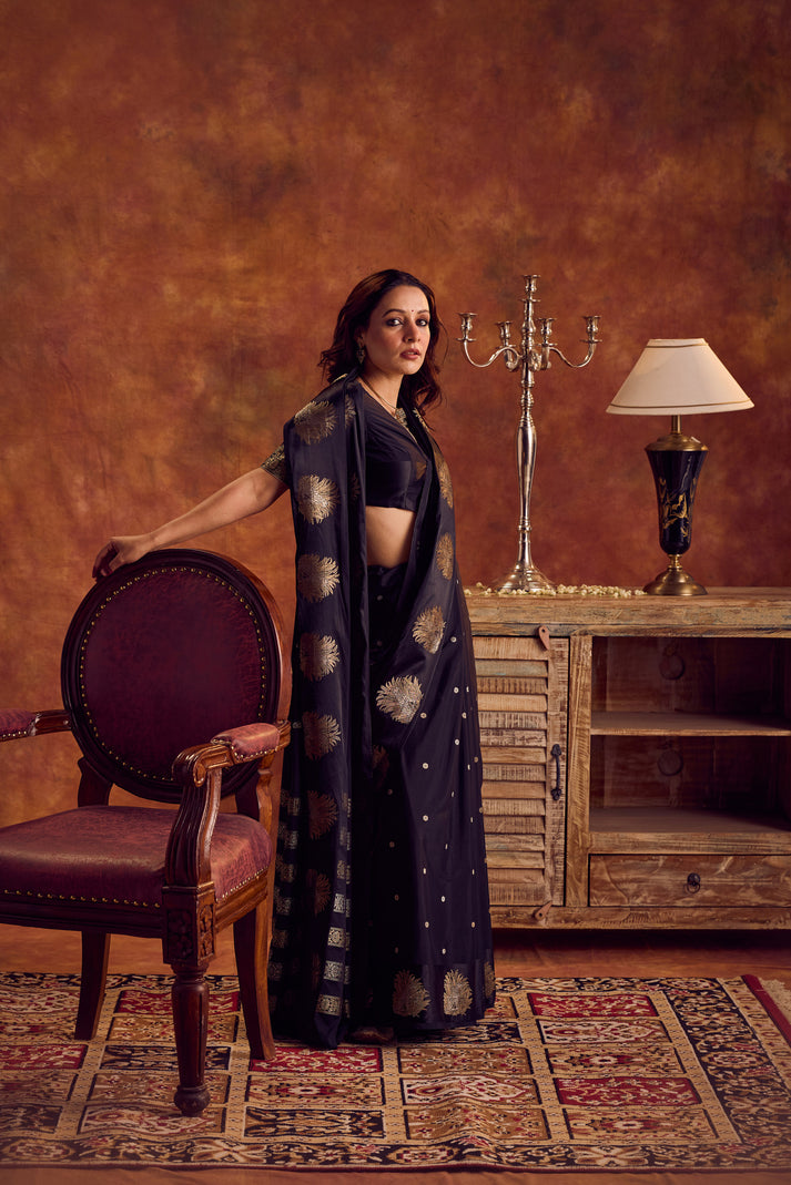 Black Viscose Saree with Gold Motifs, Satin Border & Weaved Tiger Jacq ...